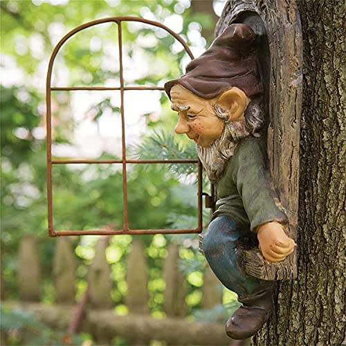 Heevir Elf Out The Door Tree Hugger - 12 Inch Outdoor Garden Ornament Gnome Statue, Garden Peeker Yard Art, Fairy Tree Sculpture Garden Decoration