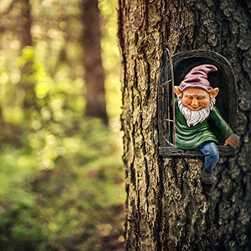 Heevir Elf Out The Door Tree Hugger - 12 Inch Outdoor Garden Ornament Gnome Statue, Garden Peeker Yard Art, Fairy Tree Sculpture Garden Decoration