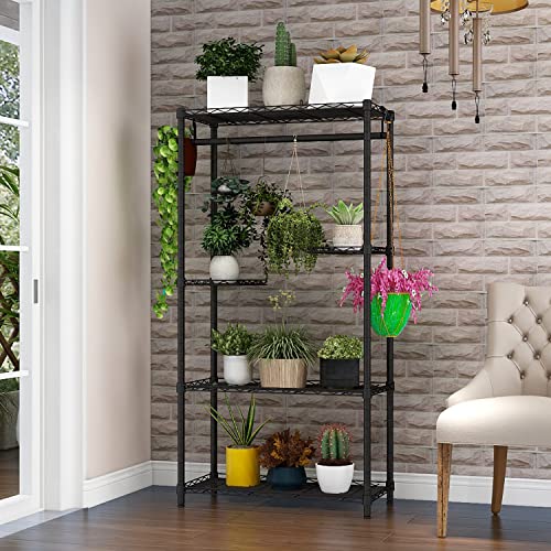 Xiofio 5-Tier Plant Stand for Indoor Outdoor, Large Multiple Flower Pot Holder Rack Tall Plant Stand ，Hanging Plant Stand ,Adjustable Plant Stand Suitable for Bedroom Living Room Balcony Garden,Black