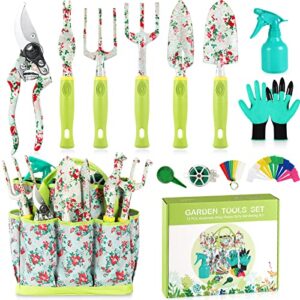 gardening tool set – 13 pcs heavy duty aluminum gardening tools kit floral print garden tool set with non-slip rubber handle & durable storage tote bag gardening supplies gifts for women men