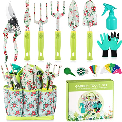 Gardening Tool Set - 13 PCS Heavy Duty Aluminum Gardening Tools Kit Floral Print Garden Tool Set with Non-Slip Rubber Handle & Durable Storage Tote Bag Gardening Supplies Gifts for Women Men