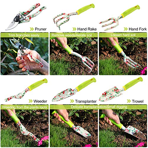 Gardening Tool Set - 13 PCS Heavy Duty Aluminum Gardening Tools Kit Floral Print Garden Tool Set with Non-Slip Rubber Handle & Durable Storage Tote Bag Gardening Supplies Gifts for Women Men