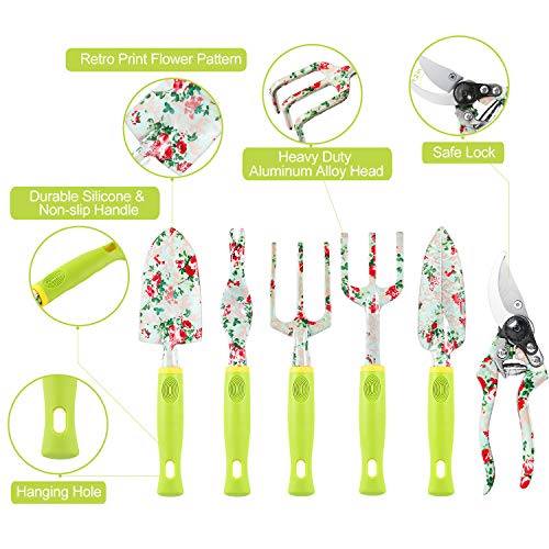 Gardening Tool Set - 13 PCS Heavy Duty Aluminum Gardening Tools Kit Floral Print Garden Tool Set with Non-Slip Rubber Handle & Durable Storage Tote Bag Gardening Supplies Gifts for Women Men