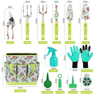 Gardening Tool Set - 13 PCS Heavy Duty Aluminum Gardening Tools Kit Floral Print Garden Tool Set with Non-Slip Rubber Handle & Durable Storage Tote Bag Gardening Supplies Gifts for Women Men