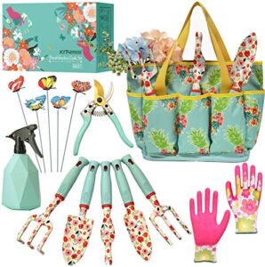 kit4pros floral garden tool set| gardening gifts for women birthday| heavy duty tools kit|storage tote bag organizer| pruning shears| gardener gloves| sprayer| weeder| trowel (floral set)