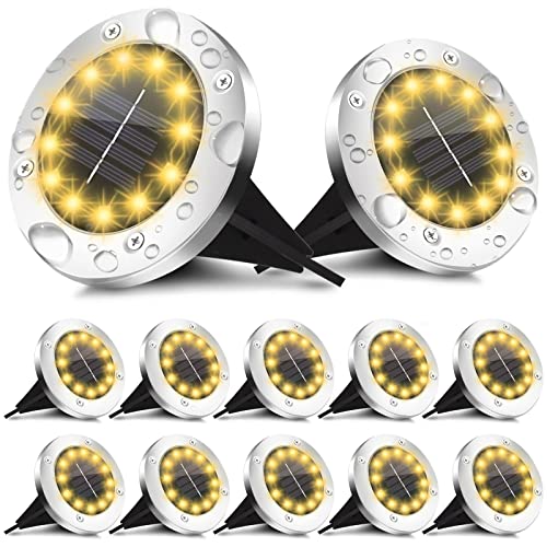 Solar Ground Lights Outdoor, 12 Pack 12 LED Solar Garden Lights Waterproof, Super Bright in-Ground Lights, Solar Disk Lights for Yard, Walkway, Pathway, Patio, Lawm, Outdoor Decorations (Warm White)