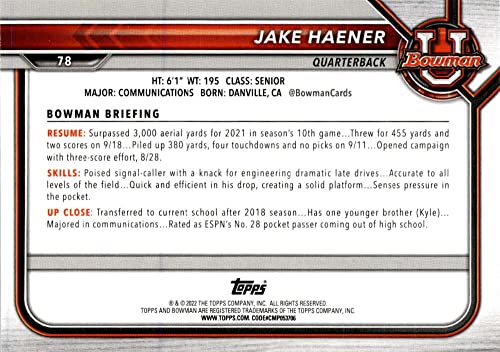 2022 Bowman University #78 Jake Haener Paper Fresno State Bulldogs Football