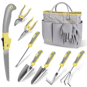 garden tool set, carsolt 10 piece stainless steel heavy duty gardening tool set for digging planting pruning gardening kit with durable gardening bag gloves gift box ideal garden gifts for women men