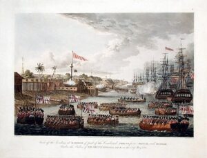 view of the landing at rangoon of part of the combined forces from bengal and madras, under the orders of sir archd. campbell, k.c. b. on the 11th of may 1824.