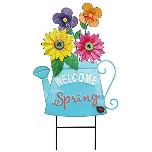 Garden Decor for Outside, YEAHOME Decorative Garden Stakes Metal Watering Can with 4 Flowers, Welcome Spring Yard Signs for Outdoor Lawn Backyard Patio Decorations