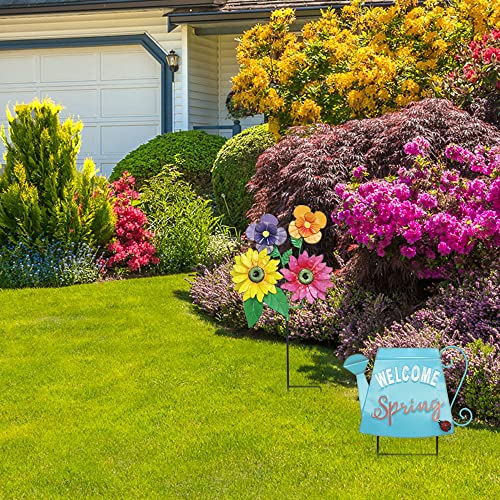 Garden Decor for Outside, YEAHOME Decorative Garden Stakes Metal Watering Can with 4 Flowers, Welcome Spring Yard Signs for Outdoor Lawn Backyard Patio Decorations