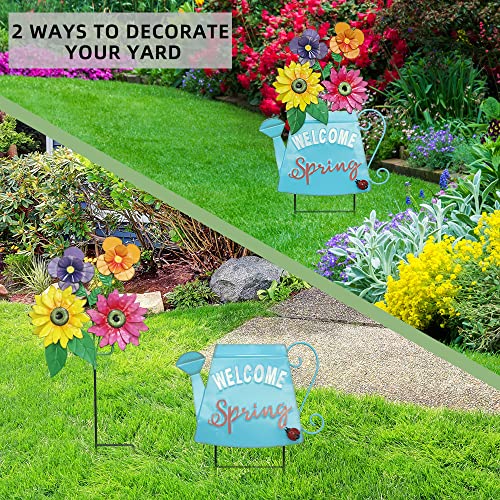 Garden Decor for Outside, YEAHOME Decorative Garden Stakes Metal Watering Can with 4 Flowers, Welcome Spring Yard Signs for Outdoor Lawn Backyard Patio Decorations