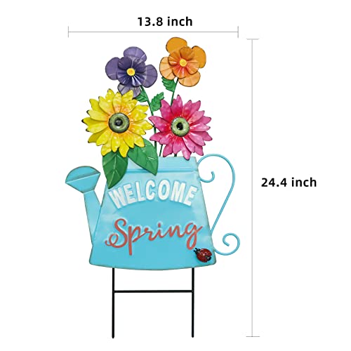 Garden Decor for Outside, YEAHOME Decorative Garden Stakes Metal Watering Can with 4 Flowers, Welcome Spring Yard Signs for Outdoor Lawn Backyard Patio Decorations