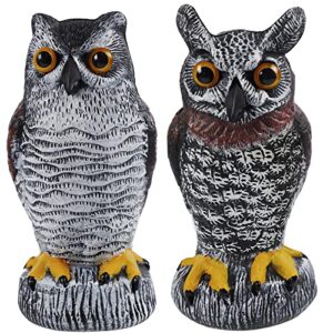 hausse 2 pack fake owl decoy bird scarecrow sculpture, plastic horned owl bird deterrents with yellow claws, garden protectors, large nature enemy pest repellent for outdoor garden yard