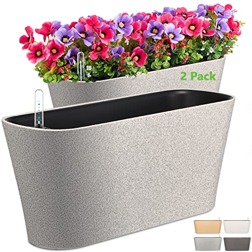 16" Rectangular Self Watering Planters Window Box 2 Pack With Water Level Indicator and Auto Drain Holes for All Outdoor/Indoor Herbs Plants Flowers Pots Residential and Commercial Grade (rocky grey)