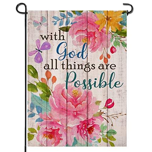 Artofy with God all Things are Possible Spring Home Decorative Garden Flag, Summer House Yard Religious Outdoor Peony Flower, Fall Inspirational Butterfly Faith Outside Farmhouse Small Decor 12 x 18