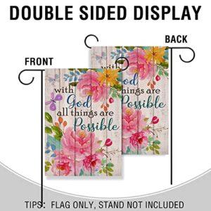 Artofy with God all Things are Possible Spring Home Decorative Garden Flag, Summer House Yard Religious Outdoor Peony Flower, Fall Inspirational Butterfly Faith Outside Farmhouse Small Decor 12 x 18