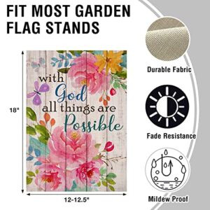 Artofy with God all Things are Possible Spring Home Decorative Garden Flag, Summer House Yard Religious Outdoor Peony Flower, Fall Inspirational Butterfly Faith Outside Farmhouse Small Decor 12 x 18