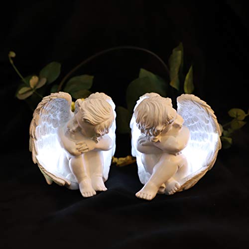 JUNIQUTE Sleepy Time Little Angel with Light Cupid Garden Statue Home Decor Cherub Statue Baby Sculpture Figurine Set of 2