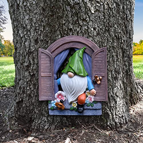 Hazel & Birch Outdoor Garden Gnome Out The Door Tree Hugger - Decoration - Large Statues for Yard, Lawn, Patio, Porch - Hand Painted, Window Gnome Figurine (Out The Door Bumblebee Gnome)