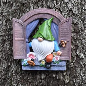 Hazel & Birch Outdoor Garden Gnome Out The Door Tree Hugger - Decoration - Large Statues for Yard, Lawn, Patio, Porch - Hand Painted, Window Gnome Figurine (Out The Door Bumblebee Gnome)