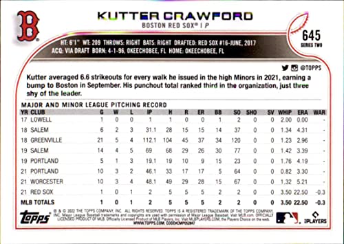 2022 Topps #645 Kutter Crawford NM-MT RC Rookie Red Sox