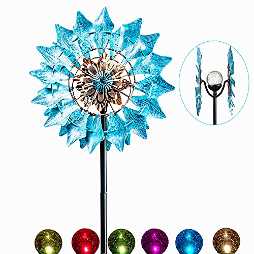 Solar Wind Spinner New Azure 75in Multi-Color Seasonal LED Lighting Solar Powered Glass Ball with Kinetic Wind Spinner Dual Direction for Patio Lawn & Garden