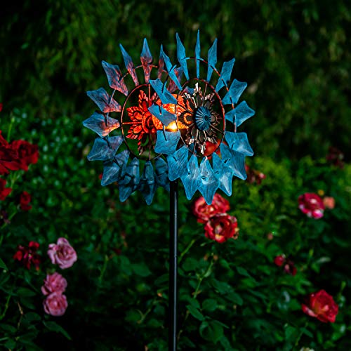 Solar Wind Spinner New Azure 75in Multi-Color Seasonal LED Lighting Solar Powered Glass Ball with Kinetic Wind Spinner Dual Direction for Patio Lawn & Garden