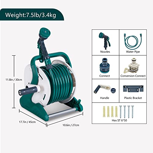 Berry&Bird Garden Portable Hose Reel, 1/2 inch x 65+6FT Wall/Floor Mounted Water Hose Reel, Garden Hose Holder Outdoor Water Pipe with 9 Pattern Hose Nozzle for Outside Gardening Car Cleaning Watering