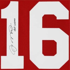 Framed Joe Montana San Francisco 49ers Autographed Mitchell & Ness Red Authentic Jersey with "HOF 00" Inscription - Autographed NFL Jerseys