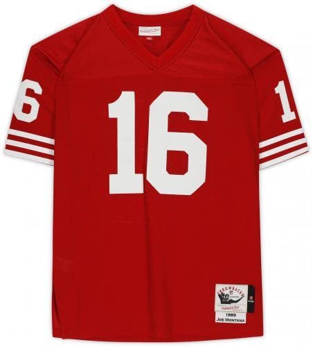 Framed Joe Montana San Francisco 49ers Autographed Mitchell & Ness Red Authentic Jersey with "HOF 00" Inscription - Autographed NFL Jerseys