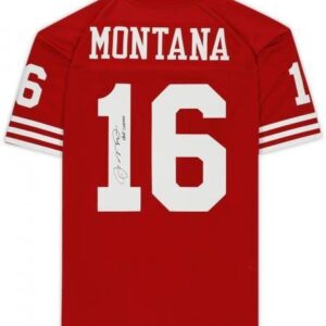 Framed Joe Montana San Francisco 49ers Autographed Mitchell & Ness Red Authentic Jersey with "HOF 00" Inscription - Autographed NFL Jerseys