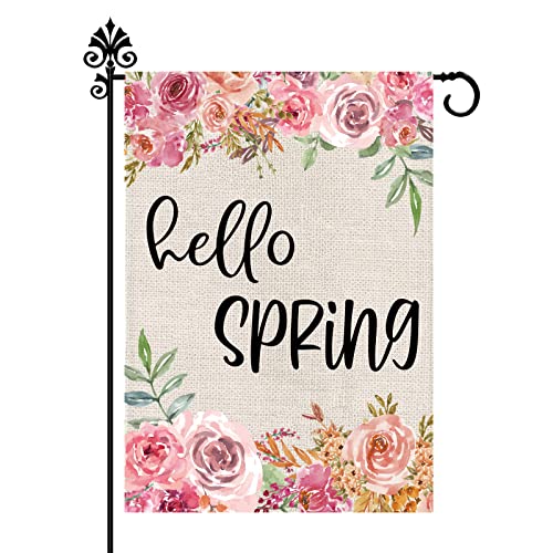 Hello Spring Garden Flag Peony Flowers Burlap Floral in The Air Flags Vertical Double Sided Farm Yard Outdoor Decoration Seasonal Home Décor 12.5 x 18 Inch