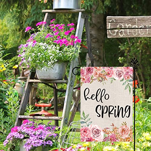 Hello Spring Garden Flag Peony Flowers Burlap Floral in The Air Flags Vertical Double Sided Farm Yard Outdoor Decoration Seasonal Home Décor 12.5 x 18 Inch