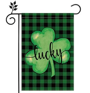 anydesign st. patrick’s day garden flag double-sided lucky shamrock yard flag rustic green black buffalo plaid farmhouse shamrock outdoor decoration for irish holiday, 12.5 x 18 inch