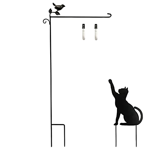 Garden Flag Holder Stand Halloween Decoration Metal Garden Flag Pole Yard Flag Stand with Anti-Wind Clip Decorated with Bird and Cat