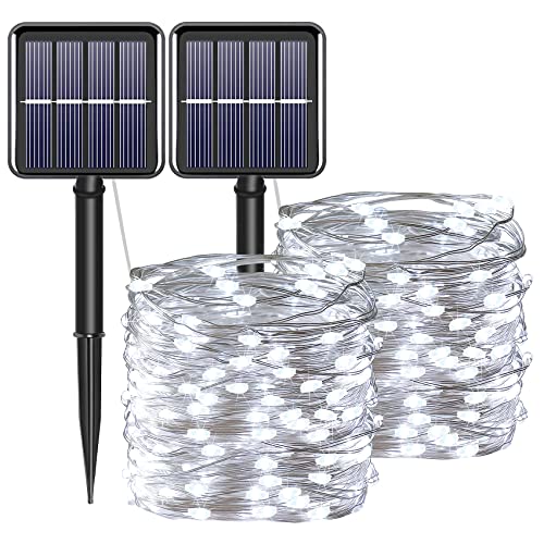 Solar Christmas String Lights Cool White Outdoor Waterproof 100 LED（2 Pack） 8 Modes Copper String Lights Fairy Lights for Valentine's Day Garden, Patio, Fence, Balcony, Outdoors(cool white 2pcs）