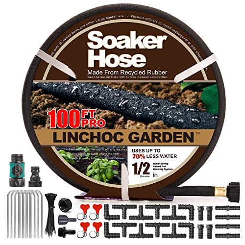 Soaker Hose,Heavy Duty 1/2 inch Rubber Soaker Hoses for Garden Beds Save 70% of Water Drip Irrigation Kit with Connector Set for Lawn&yard,Landscaping (100 FT PRO)