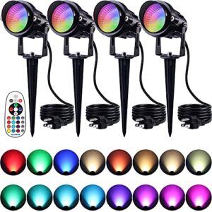 sunvie rgb outdoor led spotlight 12w color changing landscape lights with remote control 120v rgb landscape lighting waterproof spot lights outdoor for yard garden patio lawn decorative, 4 pack