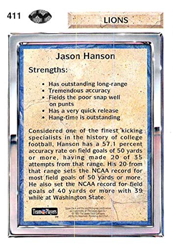 1992 Upper Deck #411 Jason Hanson RC - Detroit Lions (RC - Rookie Card)(Football Cards)