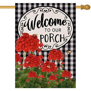 covido home decorative welcome to our porch geranium spring summer house flag, flower black white buffalo plaid check garden yard outside decoration, fall autumn farmhouse outdoor large decor 28×40