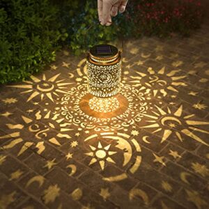 gardencave 2 pack solar lanterns outdoor hanging solar lights decorative waterproof metal sun moon star solar lantern for patio porch yard backyard table garden decor (gold, 2 pack)