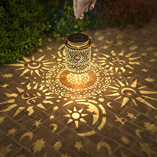 Gardencave 2 Pack Solar Lanterns Outdoor Hanging Solar Lights Decorative Waterproof Metal Sun Moon Star Solar Lantern for Patio Porch Yard Backyard Table Garden Decor (Gold, 2 Pack)