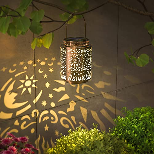 Gardencave 2 Pack Solar Lanterns Outdoor Hanging Solar Lights Decorative Waterproof Metal Sun Moon Star Solar Lantern for Patio Porch Yard Backyard Table Garden Decor (Gold, 2 Pack)