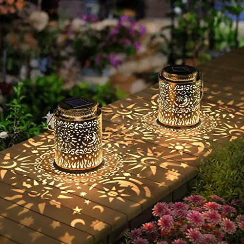 Gardencave 2 Pack Solar Lanterns Outdoor Hanging Solar Lights Decorative Waterproof Metal Sun Moon Star Solar Lantern for Patio Porch Yard Backyard Table Garden Decor (Gold, 2 Pack)