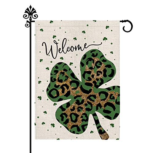 St Patricks Day Garden Flag Leopard Shamrock Welcome Vertical Double Sided Burlap Happy St. Patrick's Day Flags 12.5 x 18 Inch Spring Holiday Farmhouse Yard Outdoor Decor