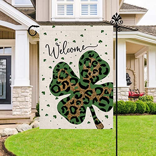 St Patricks Day Garden Flag Leopard Shamrock Welcome Vertical Double Sided Burlap Happy St. Patrick's Day Flags 12.5 x 18 Inch Spring Holiday Farmhouse Yard Outdoor Decor