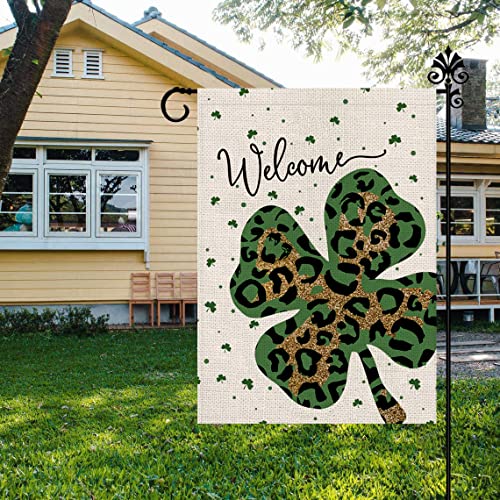 St Patricks Day Garden Flag Leopard Shamrock Welcome Vertical Double Sided Burlap Happy St. Patrick's Day Flags 12.5 x 18 Inch Spring Holiday Farmhouse Yard Outdoor Decor