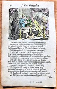 antique copperplate miniature engraving: bl14 from ouderdom, buyten leven, en hof gedachten