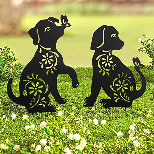 Stake Garden Metal Dog Garden Stakes, Yard Decor Art Lawn, Outdoor Home Decor Animal Silhouette Statues, Set of 2